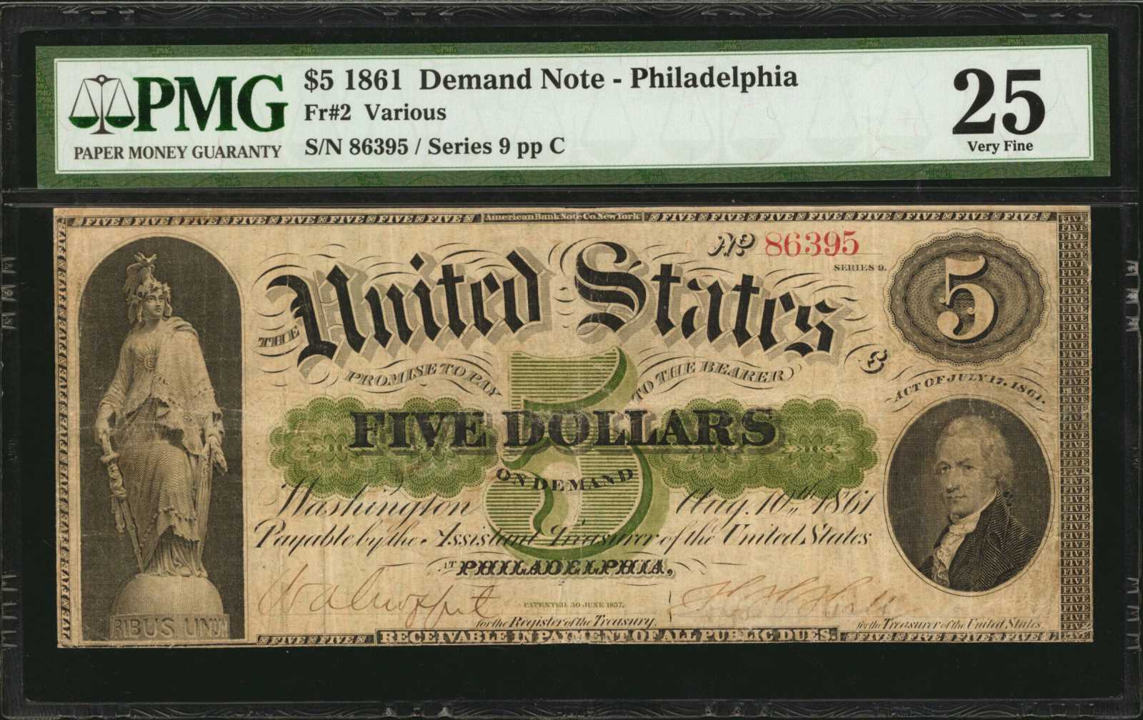Fr. 2. 1861 $5 Demand Note. PMG Very Fine 25. | Barnebys