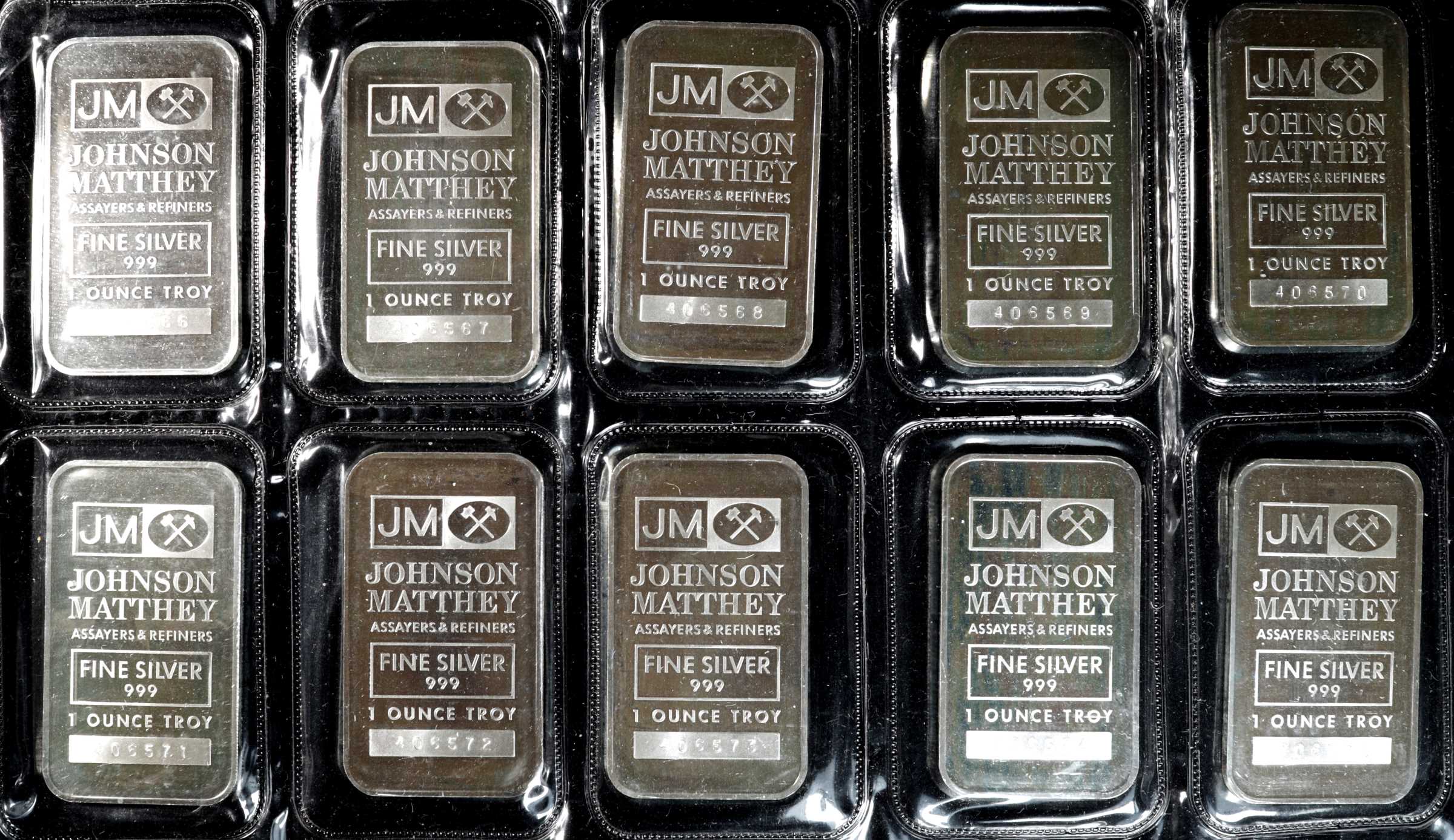 (10 oz, 311.035 g ASW). Lot (10) Johnson Matthey One Ounce Silver Bars ...
