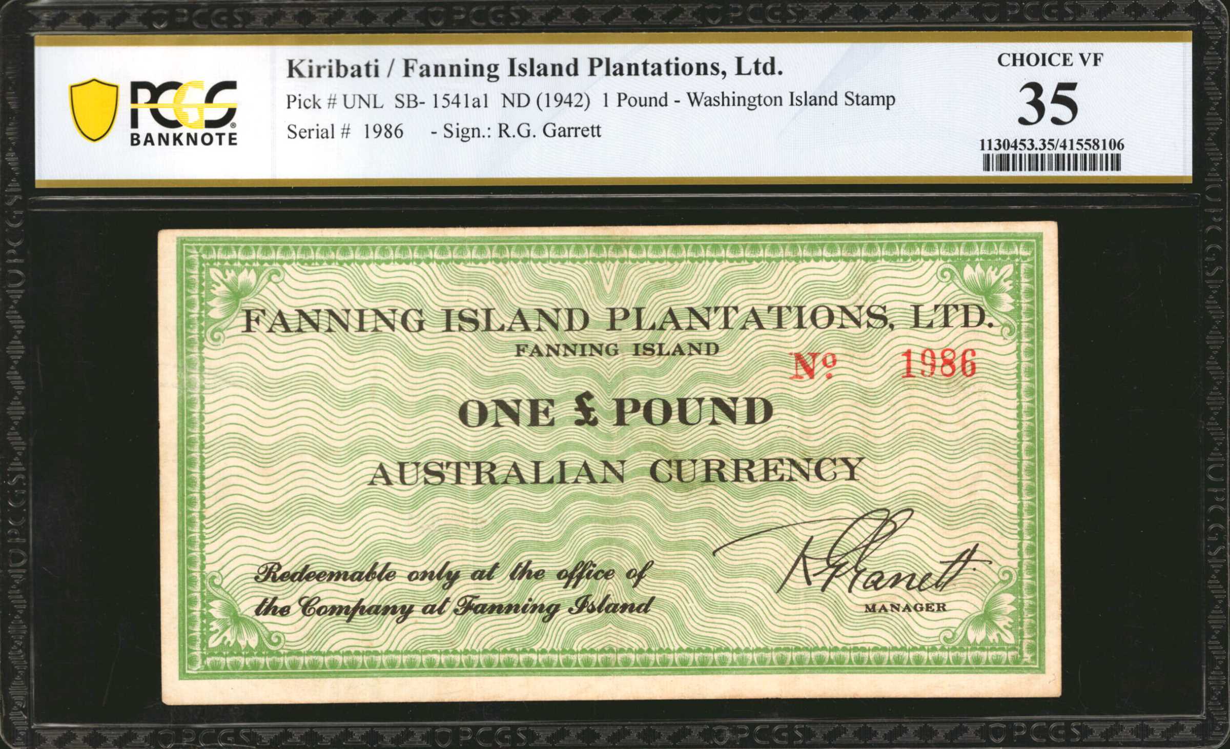 FANNING ISLAND. Kiribati/Fanning Island Plantations, Ltd. 1 Pound ...