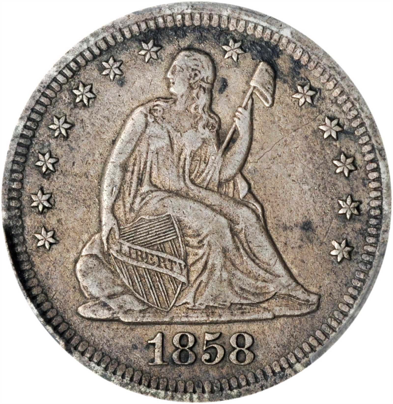 1858-S Liberty Seated Quarter. Briggs 1-A. EF Details--Environmental ...