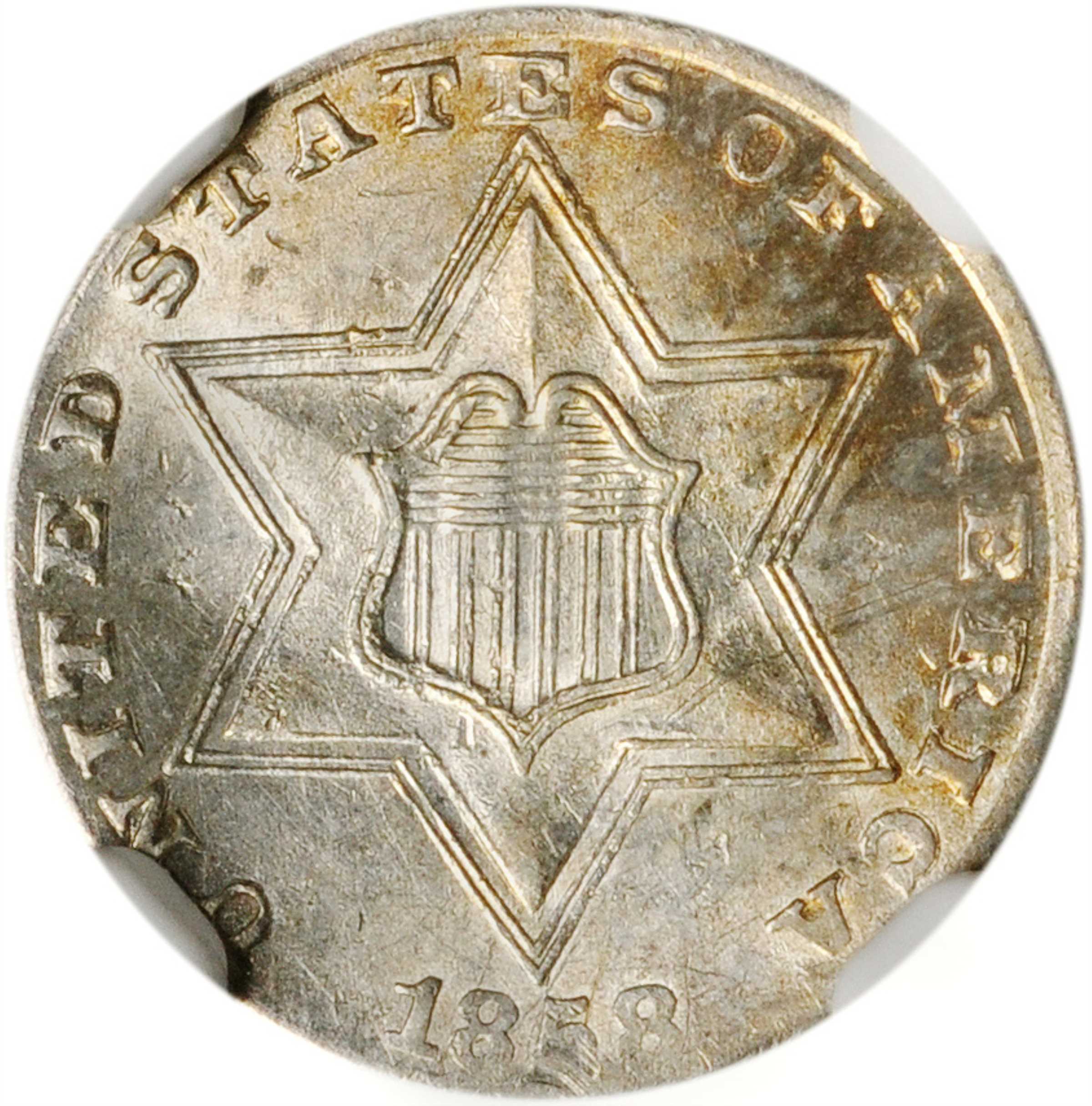 1858 Silver Three-Cent Piece. Unc Details--Obverse Damage (NGC). | Barnebys