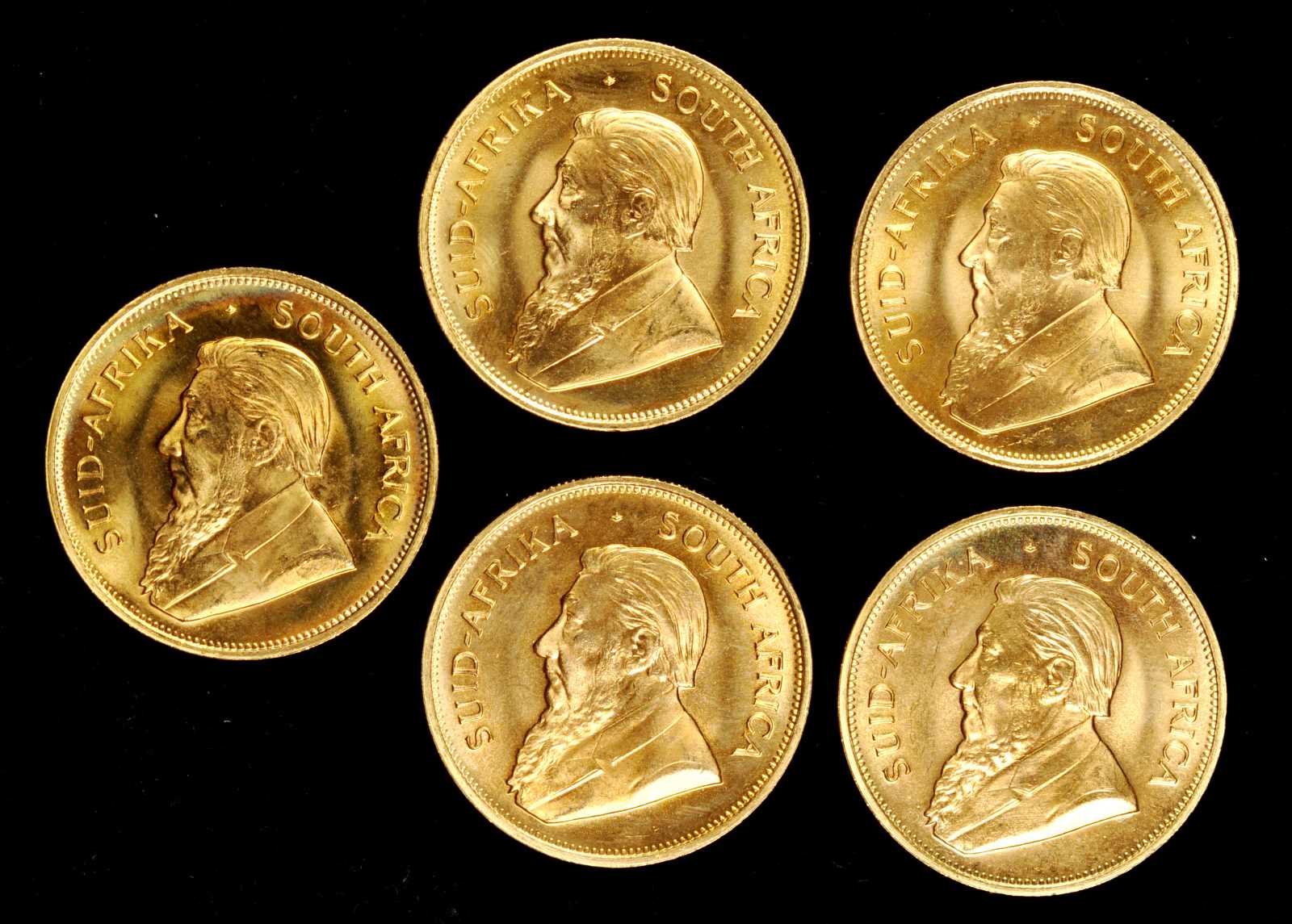 (5 oz, 155.518 g AGW). South Africa. Lot of (5) One Ounce Gold ...