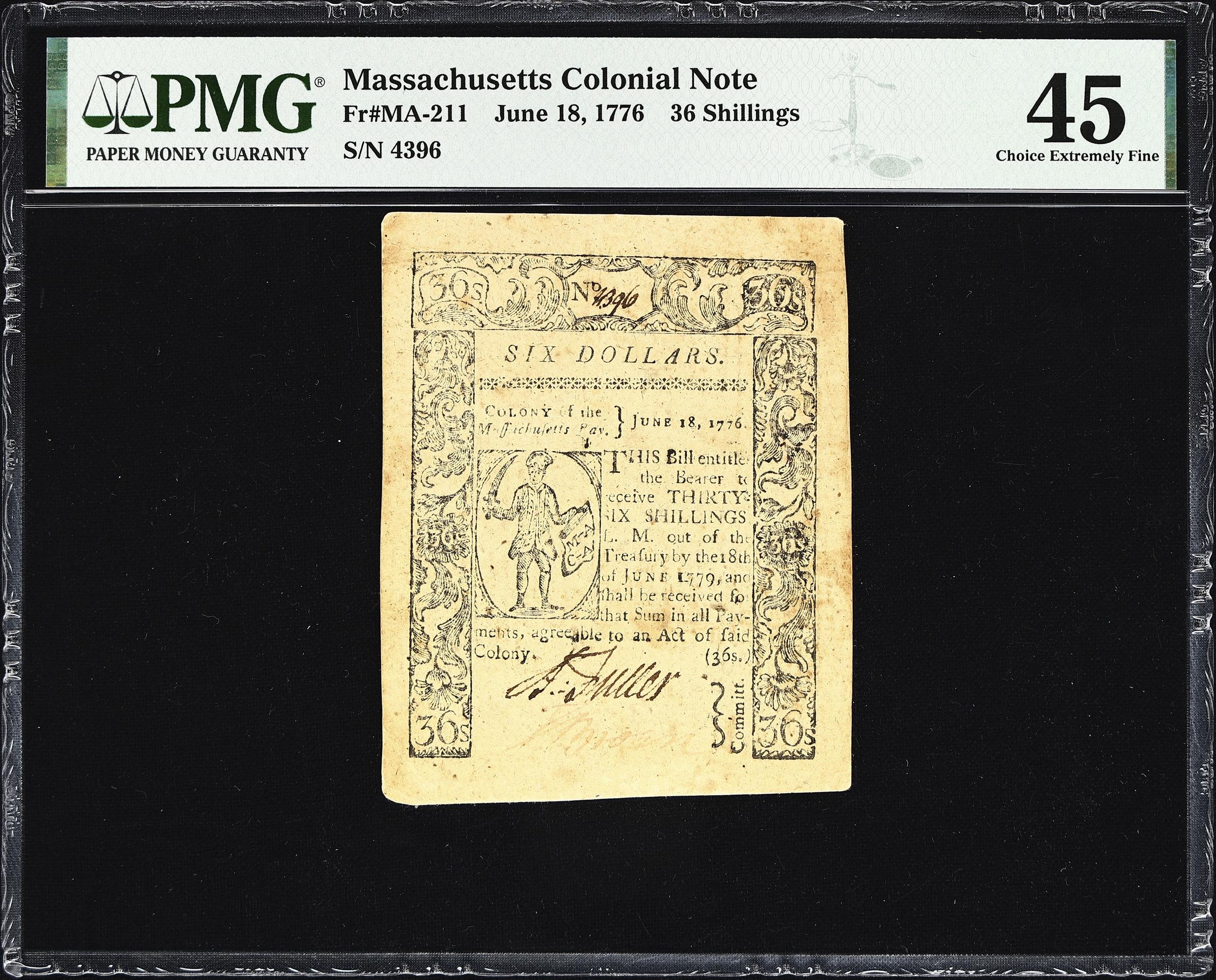 MA-211. Massachusetts. June 18, 1776. 36 Shillings. PMG Choice ...
