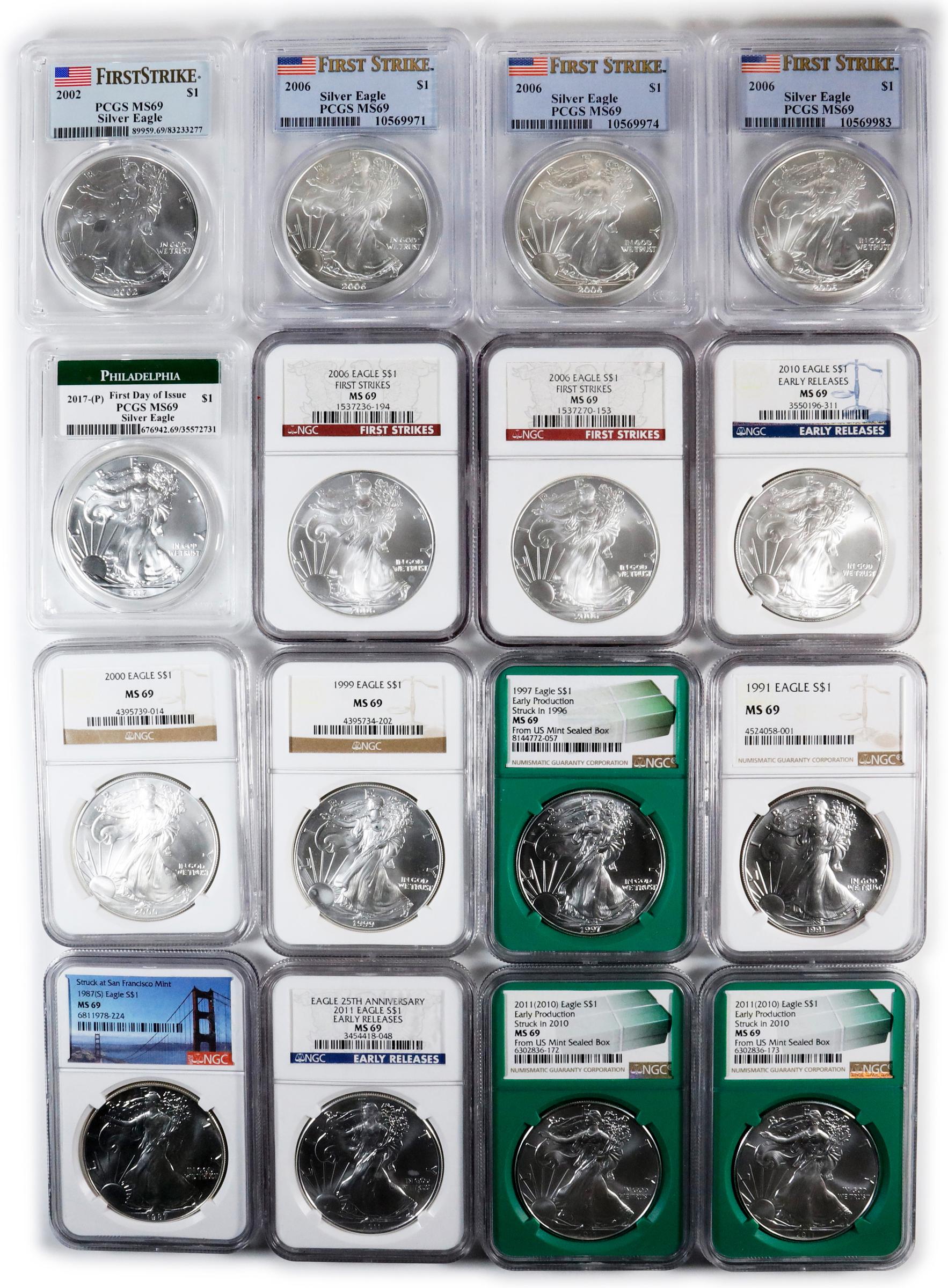 (16 oz, 497.664 g ASW). Lot of (16) Mixed Date American Silver Eagle ...