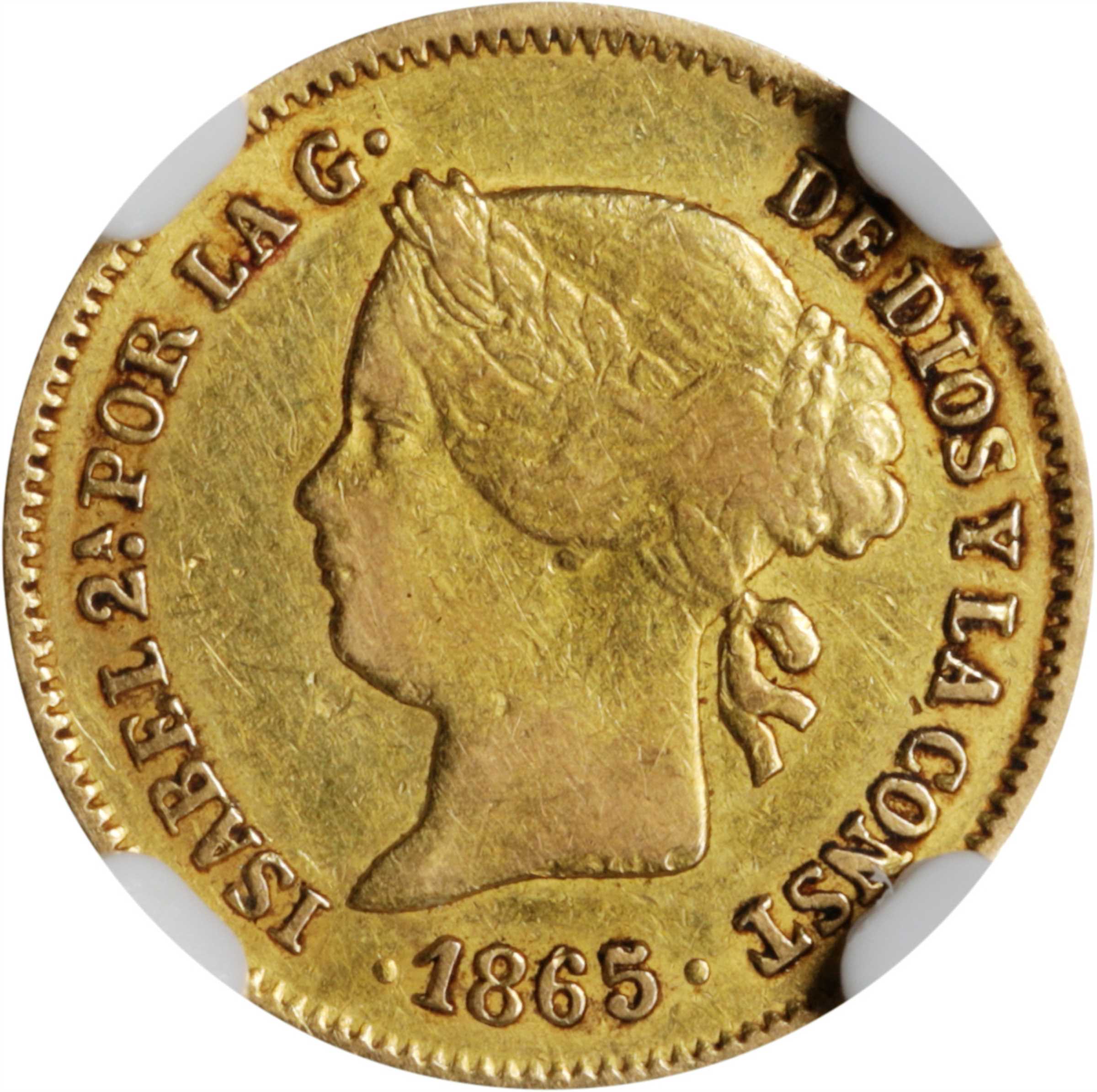PHILIPPINES. Peso, 1865. Manila Mint. Isabel II. NGC EF-45. | Barnebys