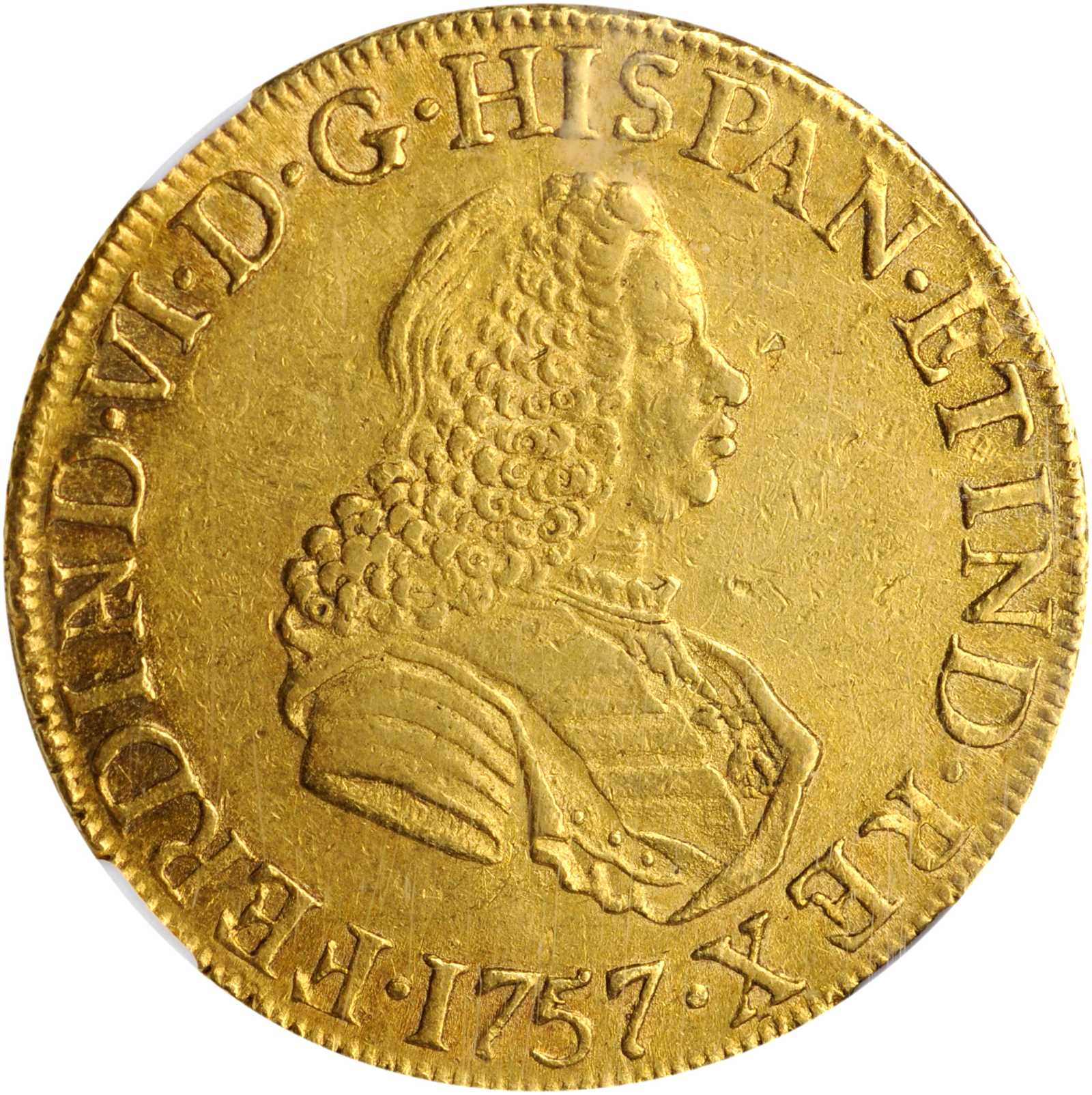 PERU. 8 Escudos, 1757-LM JM. Lima Mint. Ferdinand VI. NGC AU-55. | Barnebys