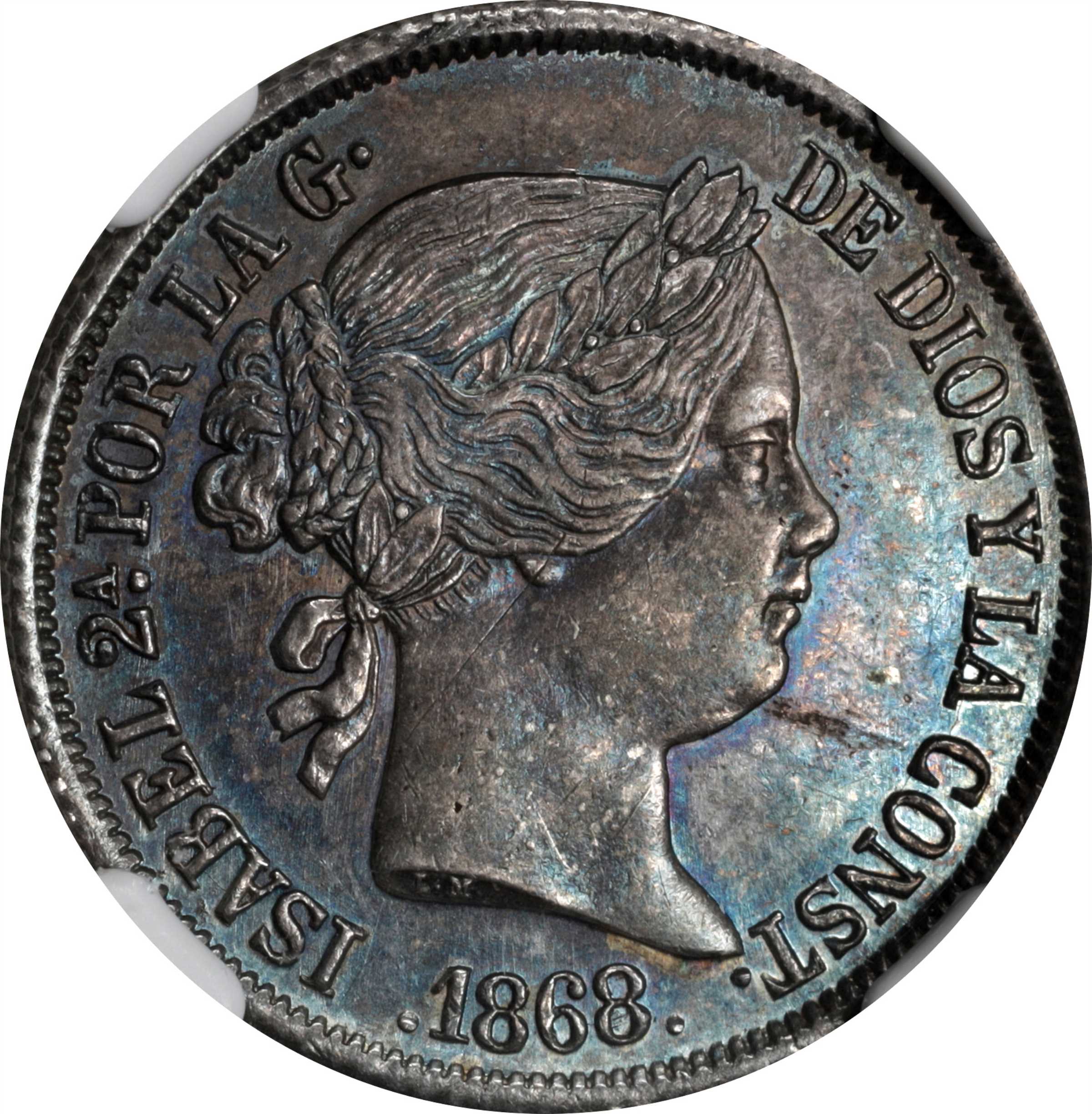 PHILIPPINES. 20 Centimos, 1868. Manila Mint. Isabel II. NGC MS-62 ...