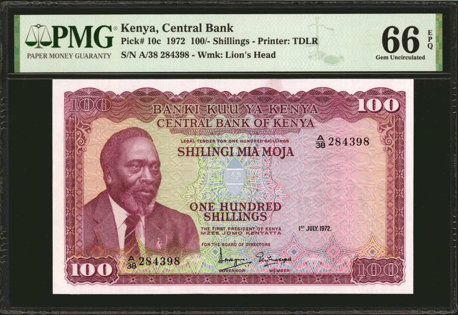KENYA. Central Bank of Kenya. 100 Shillings, 1972. P-10c. PMG Gem ...