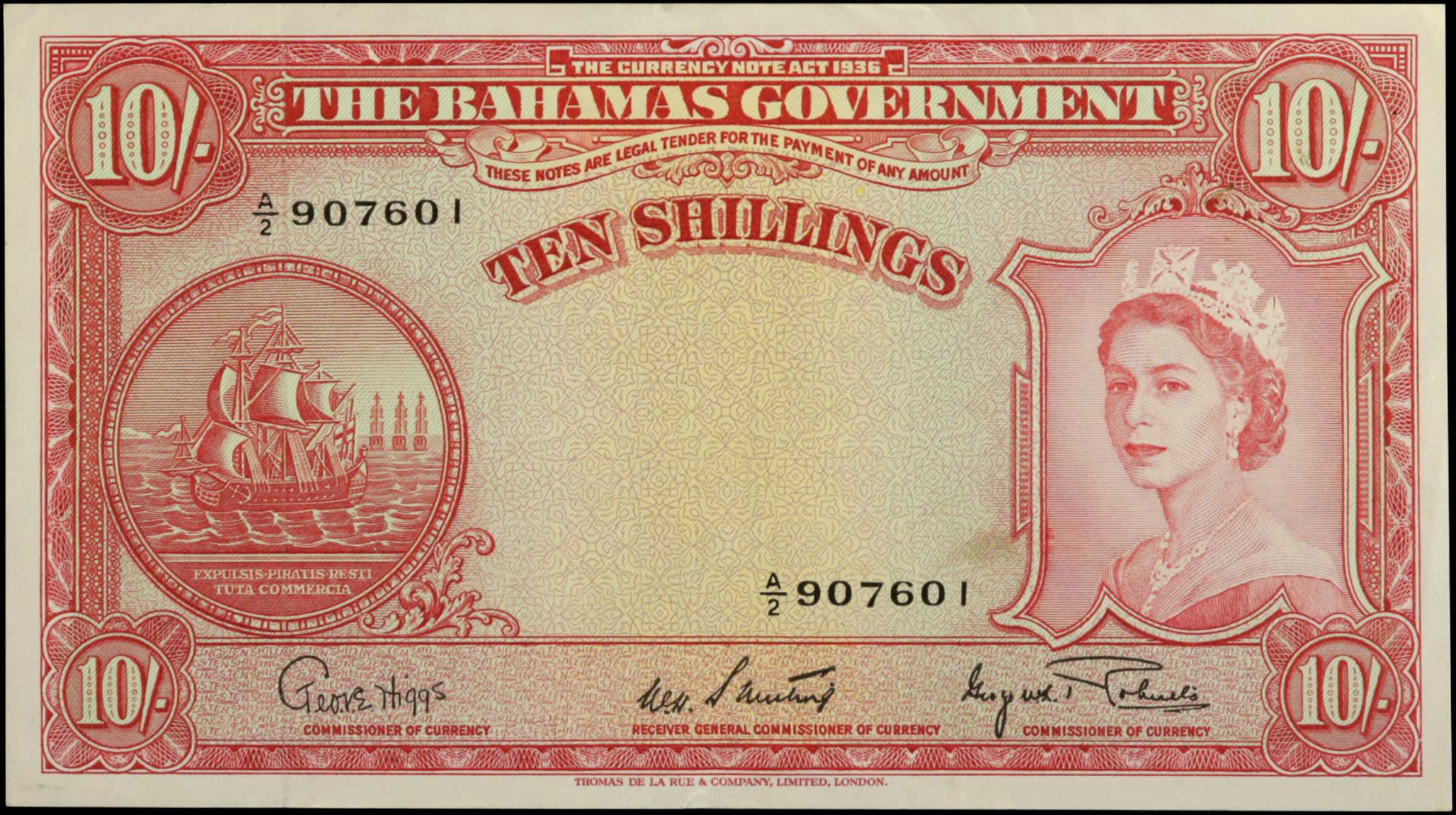 BAHAMAS. The Bahamas Government. 10 Shillings, 1936 (ND 1953). P-14d ...