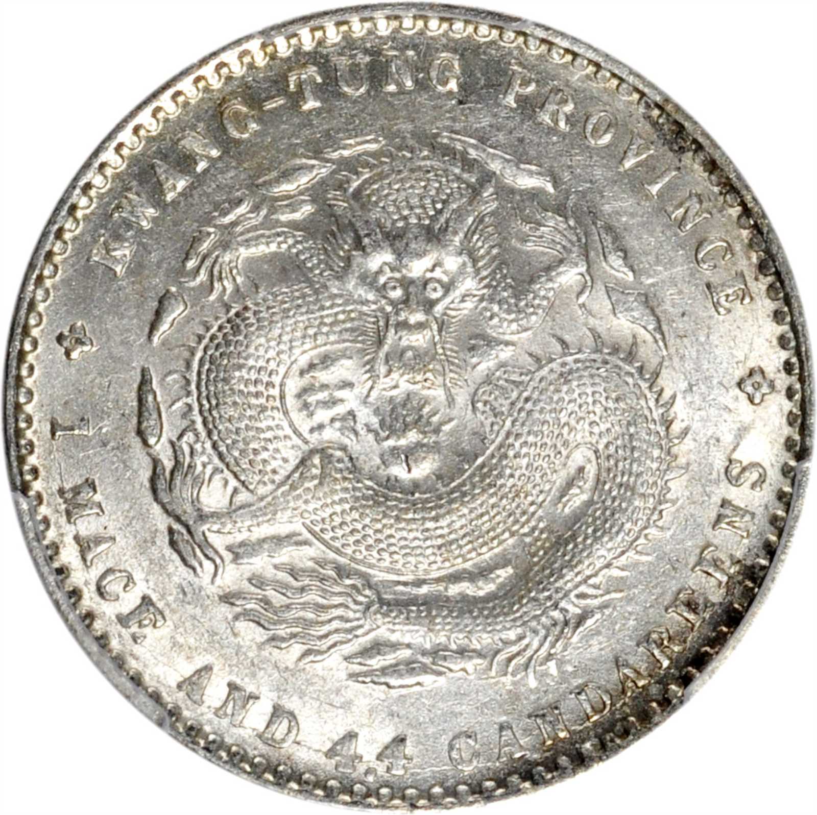 CHINA. Kwangtung. 1 Mace 4.4 Candareens (20 Cents), ND (1890-1908). PCGS MS-61. | Barnebys